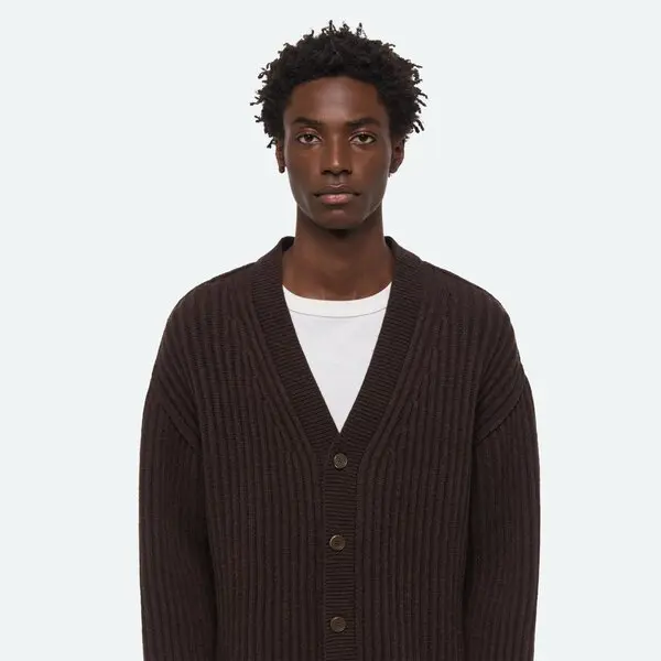Helmut Lang Ribbed V-neck Cardigan - Dark Brown