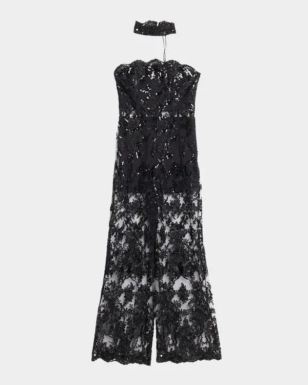 Alice + Olivia Georgie Embellished Lace Jumpsuit - Black
