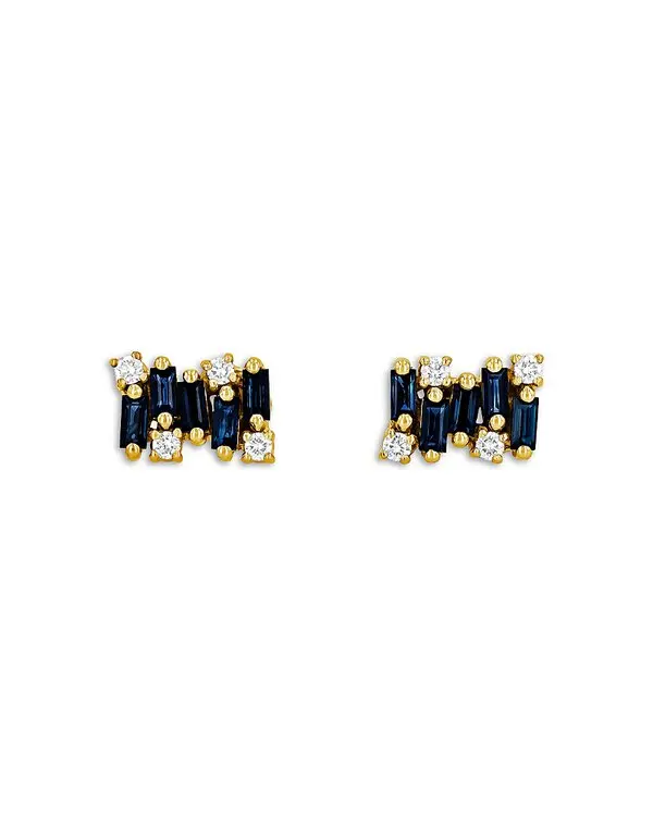 SUZANNE KALAN 18k Yellow Gold Shimmer Blue Sapphire & Diamond Baguette Cluster Stud Earrings - Gold/blue
