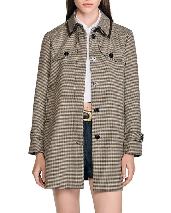 Sandro Houndstooth Trench Coat - Brown/ Beige