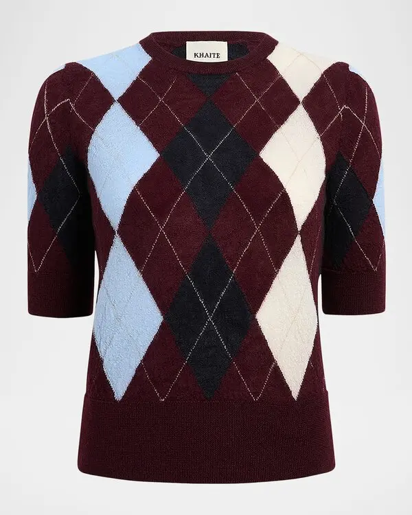 Khaite Argyle Cashmere Short-sleeve Sweater - Merlot Multi