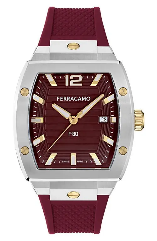 FERRAGAMO F-80 Tonneau Silicone Strap Watch - Ip Stainless Steel/red