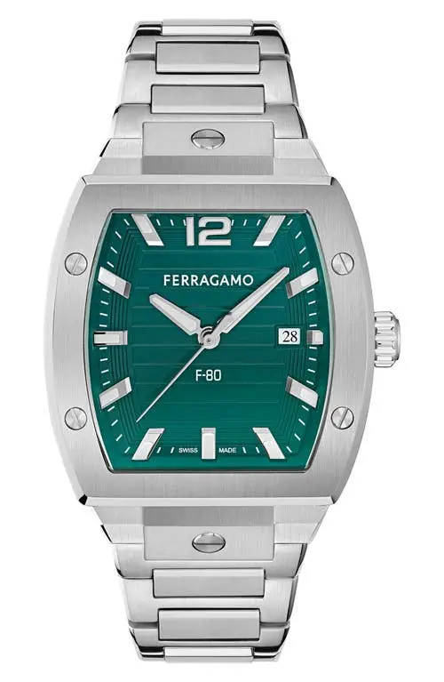 FERRAGAMO F-80 Tonneau Bracelet Watch - Stainless Steel/teal