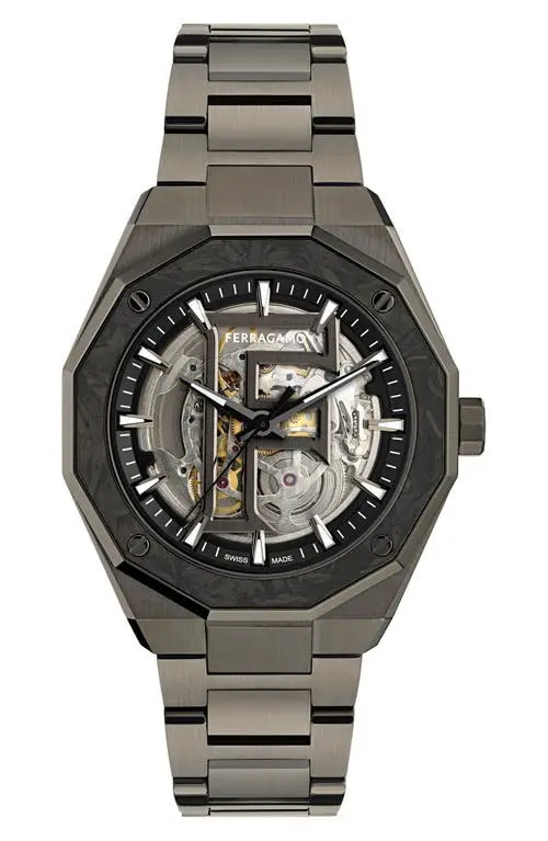 FERRAGAMO Edge Skeleton Automatic Bracelet Watch - Ip Gunmetal