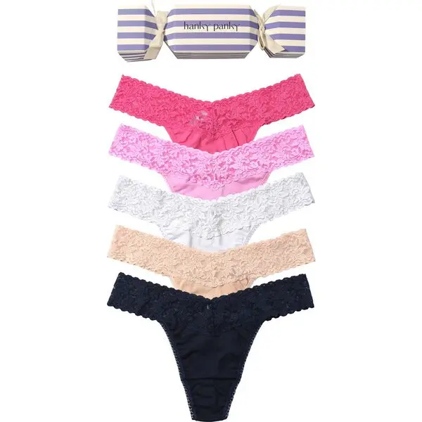 Hanky Panky Holiday Cracker Assorted 5-pack Original Rise Thongs - Pink Multi