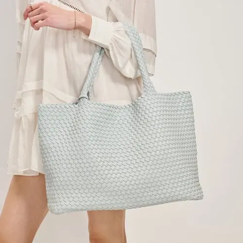 MODA LUXE Vegan Leather Woven Tote - Ice Blue