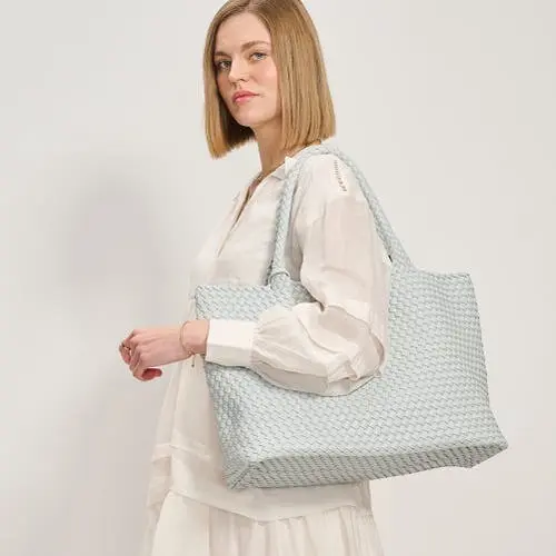 MODA LUXE Vegan Leather Woven Tote - Ice Blue