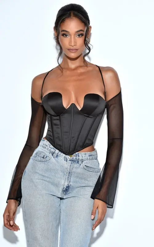 MISS CIRCLE Mesh Sleeve Halter Corset Satin Top