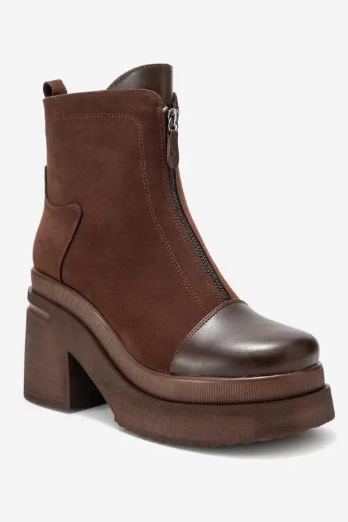PROLOGUE SHOES Ardenne Platform Zip Up Boots - Brown Suede Faux Leather