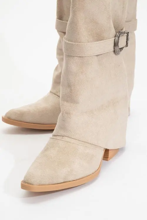 PROLOGUE SHOES Okus Buckle Block Heel Boot - Beige Suede Faux Leather