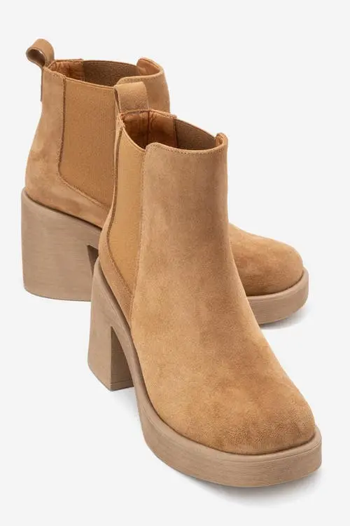 FOREVER & ALWAYS SHOES Platform Ankle Boots - Cognac Suede Leather