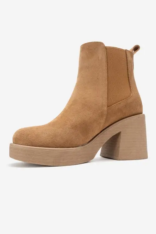 FOREVER & ALWAYS SHOES Platform Ankle Boots - Cognac Suede Leather