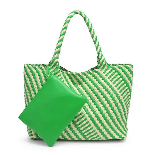 MODA LUXE Woven Vegan Leather Tote - Green Ivory