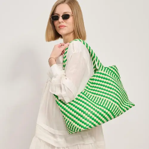 MODA LUXE Woven Vegan Leather Tote - Green Ivory