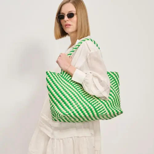 MODA LUXE Woven Vegan Leather Tote - Green Ivory