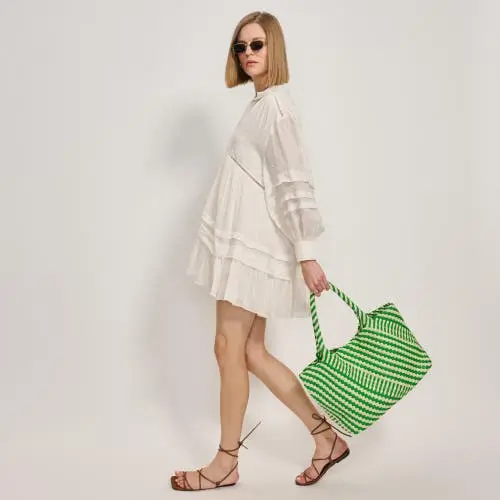 MODA LUXE Woven Vegan Leather Tote - Green Ivory