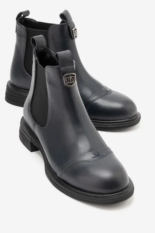 FOREVER & ALWAYS SHOES Leather Buckled Chelsea Boot - Navy Leather