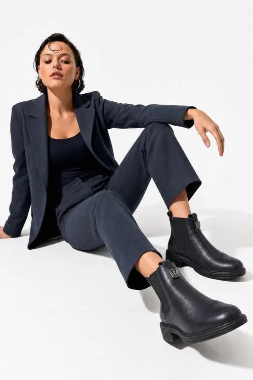 FOREVER & ALWAYS SHOES Leather Buckled Chelsea Boot - Navy Leather