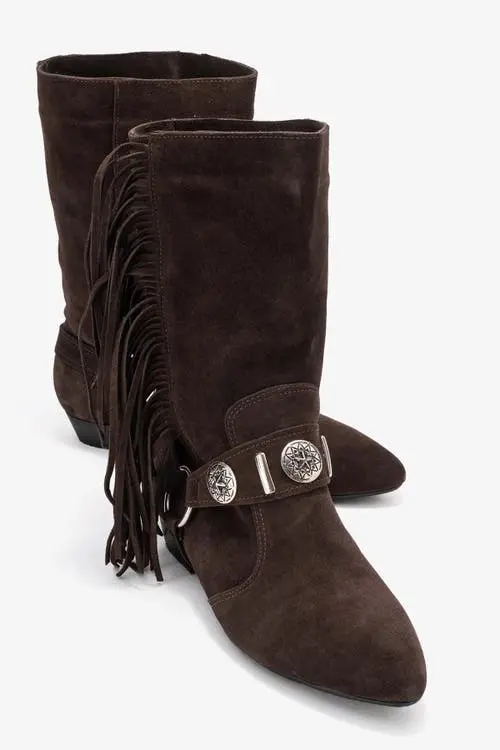 FOREVER & ALWAYS SHOES Selora Leather Buckle Western Boots - Brown Suede Leather