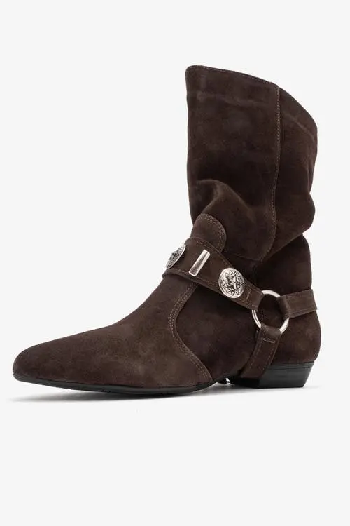 FOREVER & ALWAYS SHOES Selora Leather Buckle Western Boots - Brown Suede Leather