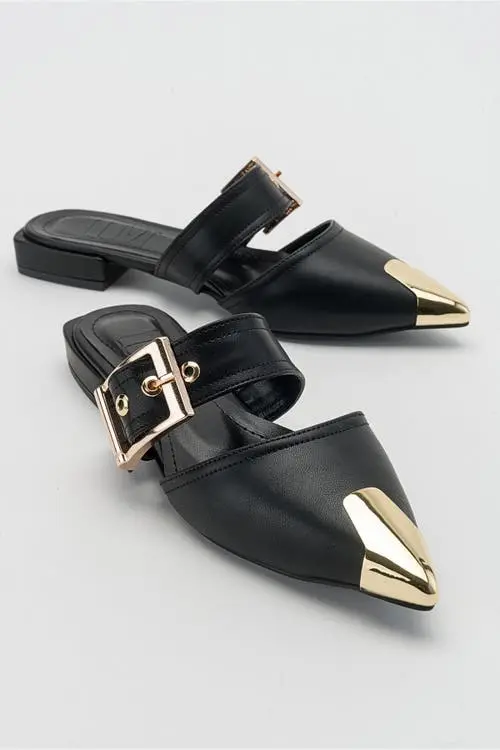 PROLOGUE SHOES Buckled Slides - Black Faux Leather