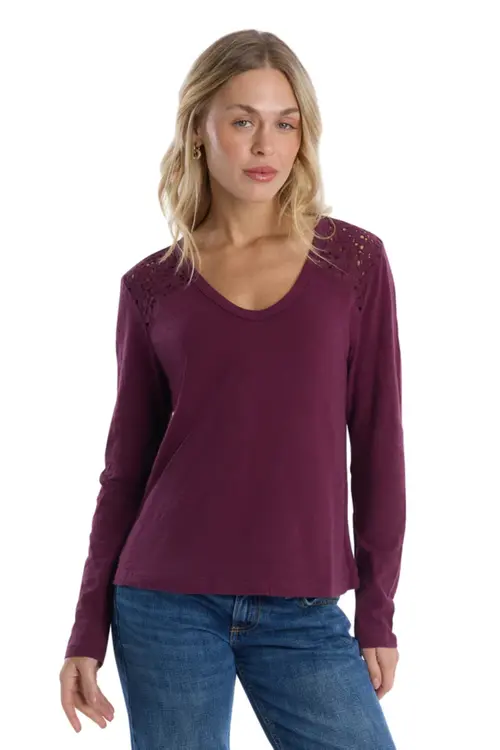 WILT CLOTHING V-neck Long Sleeve Mixed Media Tee With Lace Inset - Dark Fig