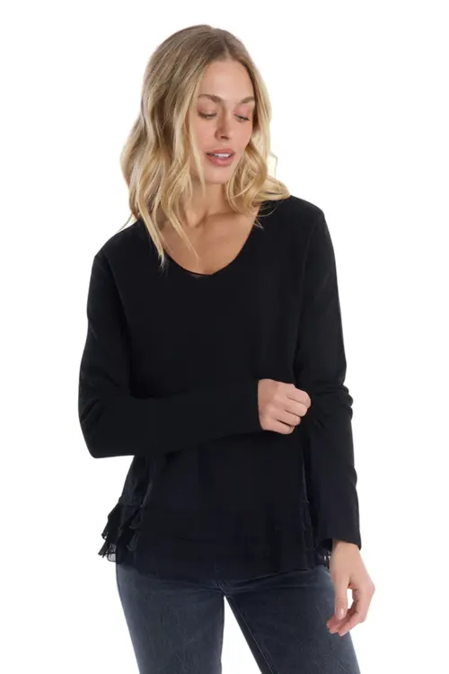 WILT CLOTHING V-neck Long Sleeve Tee With Ruffle Hem - Black