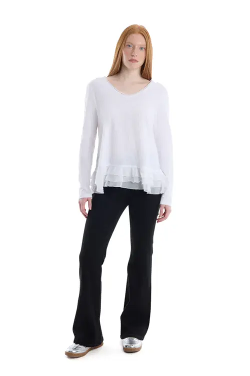 WILT CLOTHING V-neck Long Sleeve Tee With Ruffle Hem - White