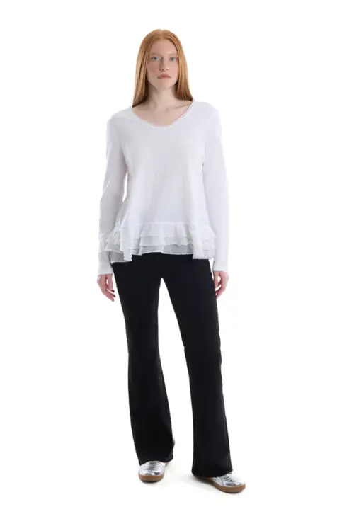 WILT CLOTHING V-neck Long Sleeve Tee With Ruffle Hem - White