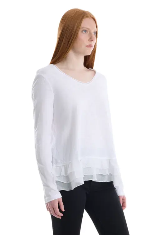 WILT CLOTHING V-neck Long Sleeve Tee With Ruffle Hem - White