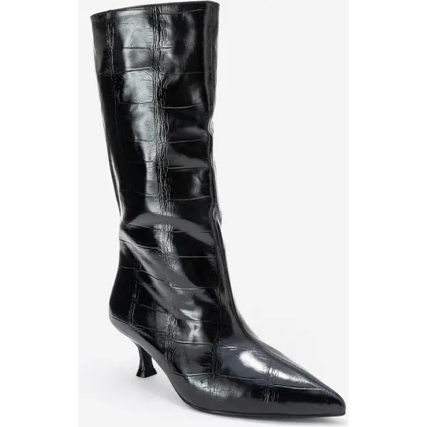 PROLOGUE SHOES Embossed Pointed-toe Boots - Black Print Faux Leather