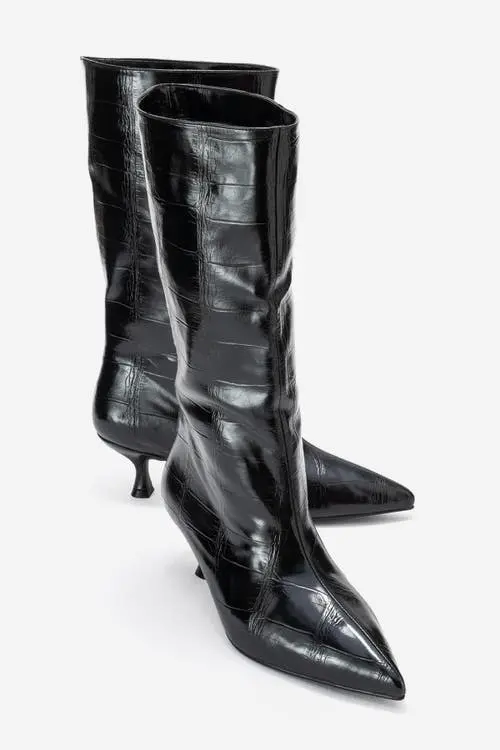 PROLOGUE SHOES Embossed Pointed-toe Boots - Black Print Faux Leather
