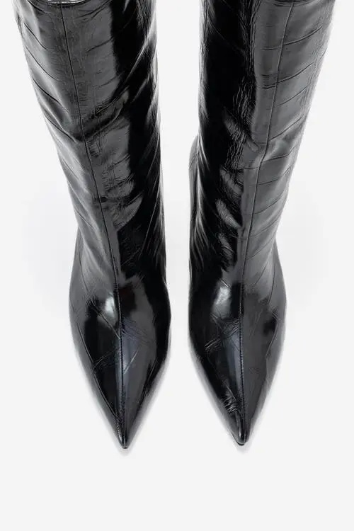 PROLOGUE SHOES Embossed Pointed-toe Boots - Black Print Faux Leather