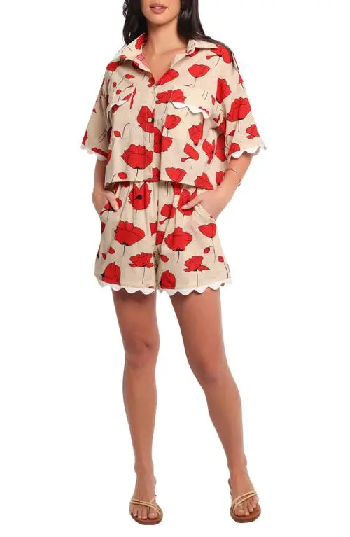 PETAL & PUP Floral Rickrack Trim Shirt & Shorts Set - Red Beige Poppy
