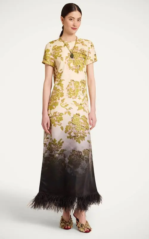 La DoubleJ Swing Dress With Feather Trim - Oasis Ombrée Placée Green
