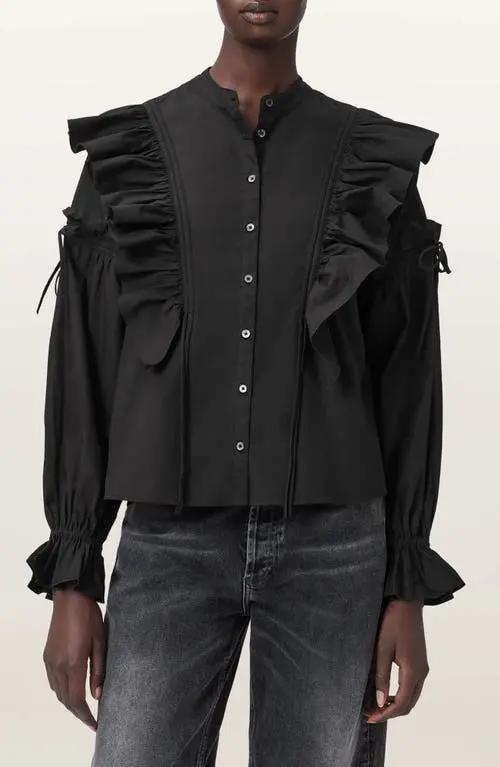 ALLSAINTS Lulu Ruffle Ruched Cotton Shirt - Black