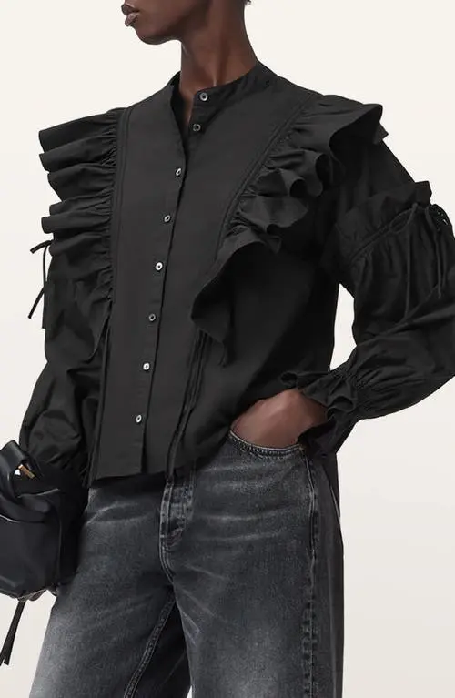 ALLSAINTS Lulu Ruffle Ruched Cotton Shirt - Black