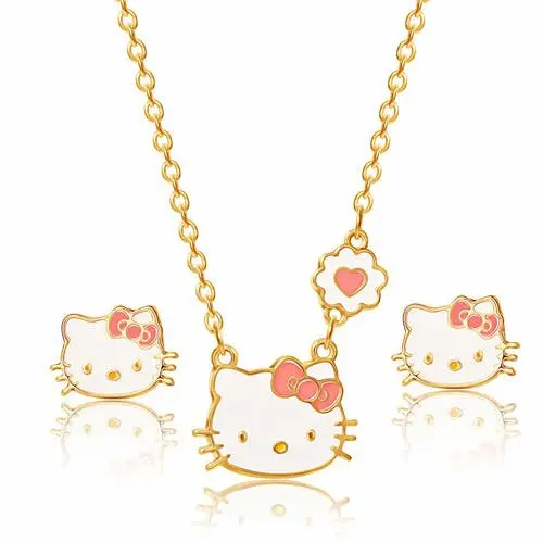 HELLO KITTY Enamel-coated Necklace And Stud Earrings Set - Magenta