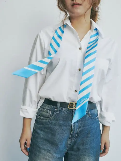 LOST PATTERN La Mariniere" Silk Skinny Scarf - Sky Blue