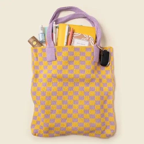 CASUPO Checkered Knit Tote Bag - Yellow And Pink
