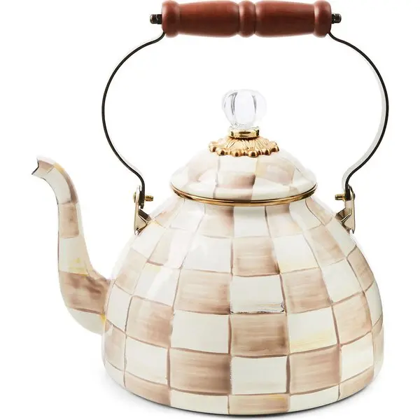 MACKENZIE-CHILDS Check Enameled Steel 3-quart Tea Kettle - Mocha