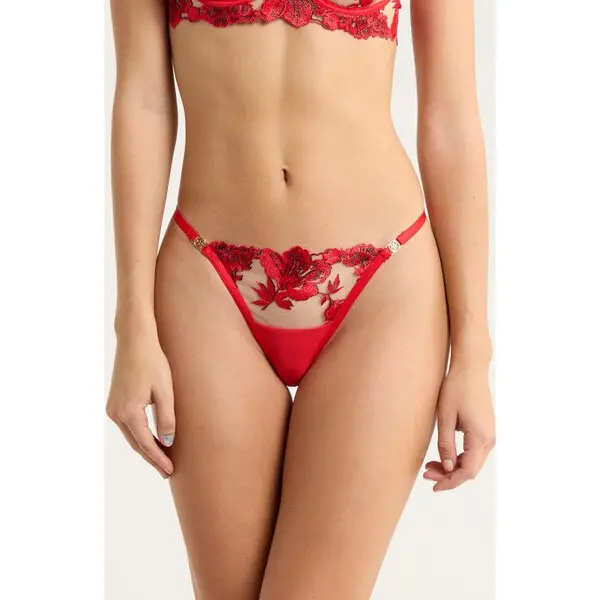 Bluebella Lavanya Embroidered Satin & Mesh Thong - Red/black/sheer