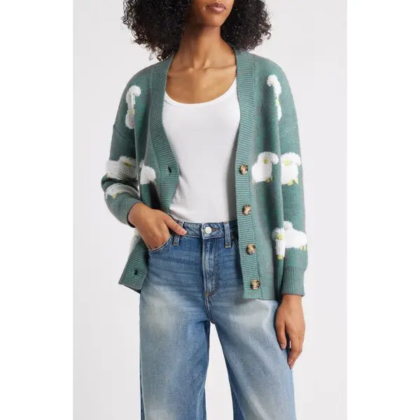 ROFFE ACCESSORIES Sheep Jacquard Cardigan - Teal