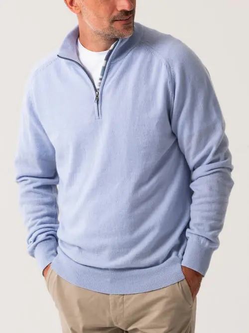 KOY CLOTHING Quarter Zip Merino Wool And Cashmere Sweater - Light Blue