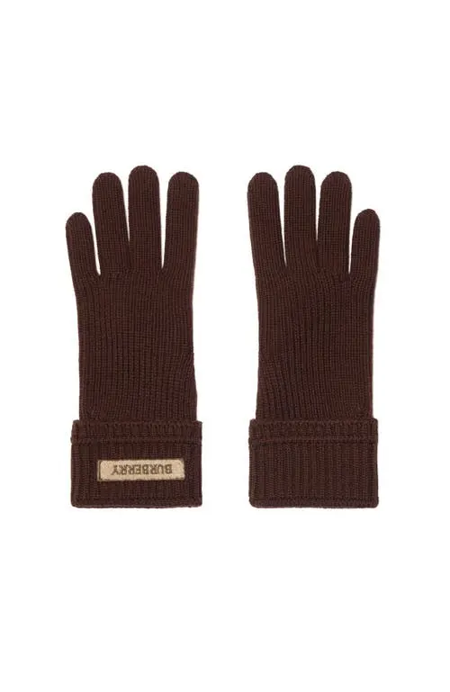 Burberry Logo Patch Wool Blend Gloves - Treacle Brown