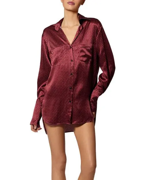 Kiki De Montparnasse Silk Lounge Moi Et Toi Nightshirt - Brick Dust/rose Fauvee