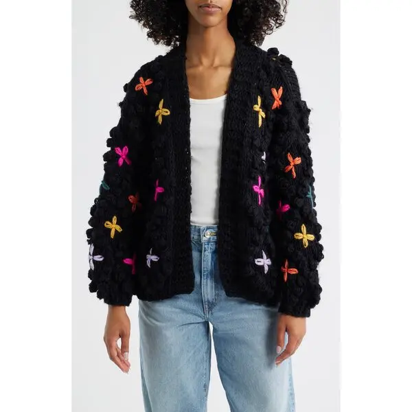 ROFFE ACCESSORIES Embroidered Chunky Open Front Cardigan