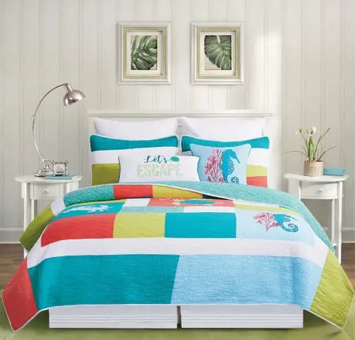 C&F HOME Santorini Coastal Beach Patchwork Embroidered And Applique Cotton Quilt Set Machine Washable - Blue
