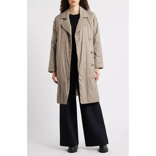 Eileen Fisher High Collar Padded Longline Coat - Reed