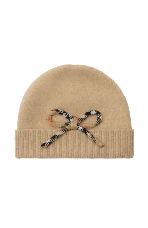 Burberry Check Bow Wool Cashmere Beanie - Oatmeal Melange